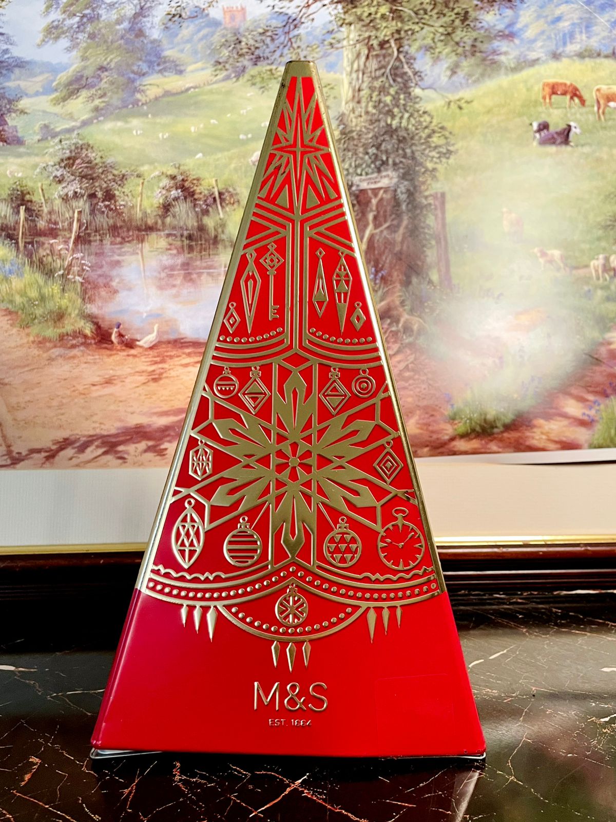M&S Vintage Christmas Pyramid Tin – Collectible Red & Gold Decorative ...